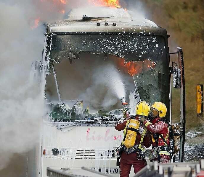 Coach fire on the M1 motorway